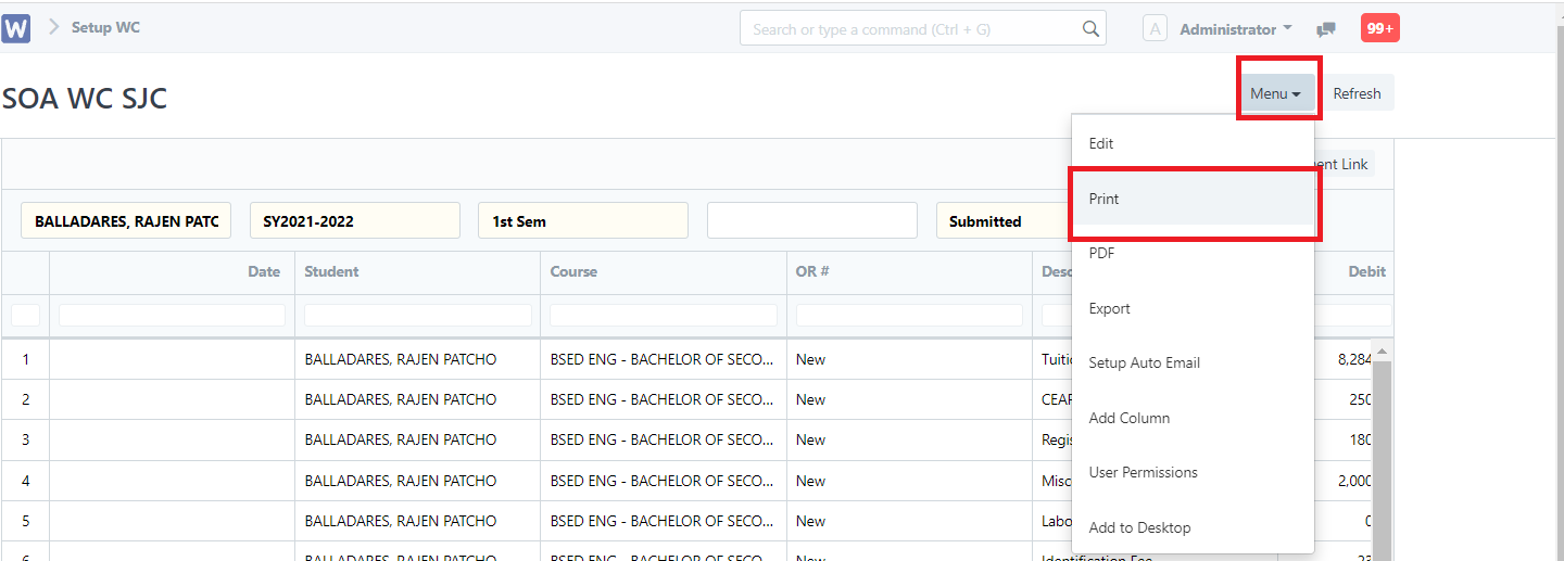 How to Print SOA ( Statement of Account ) College/BED