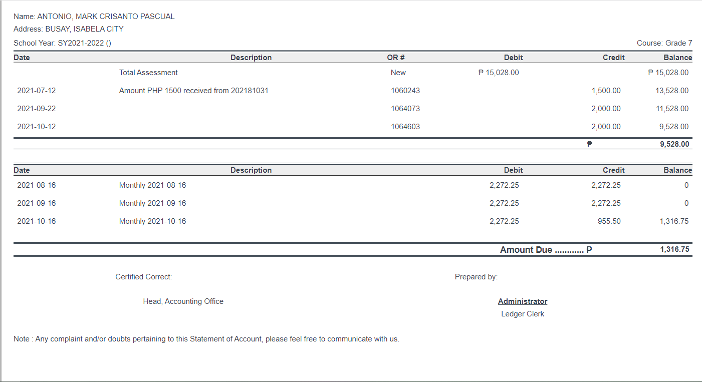 How to Print SOA ( Statement of Account ) College/BED